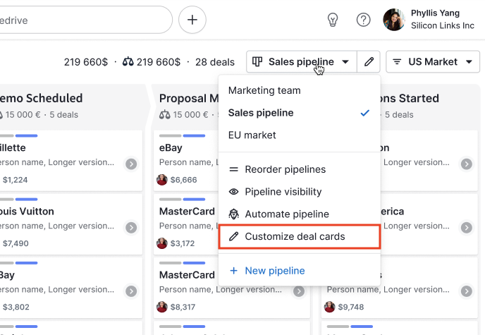 Deal card customization and sorting - Knowledge Base | Pipedrive