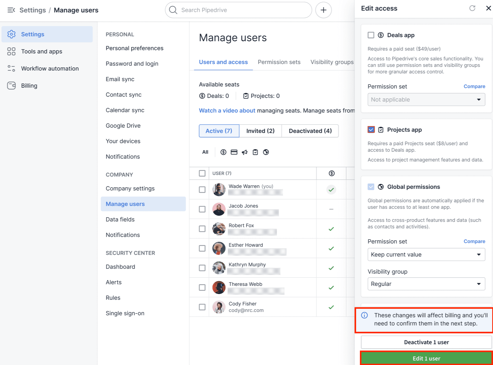 Projects: billing and subscription - Knowledge Base | Pipedrive